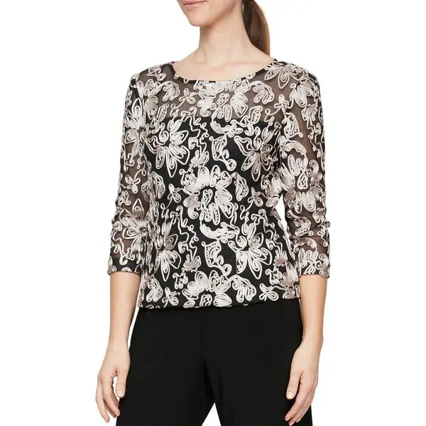 Alex Evenings Soutache Tulle Blouse - Black Taupe