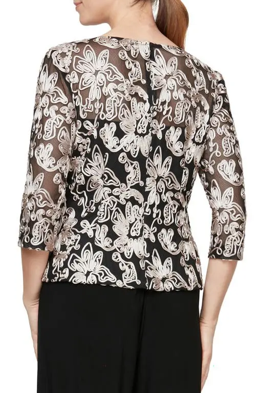 Alex Evenings Soutache Tulle Blouse - Black Taupe