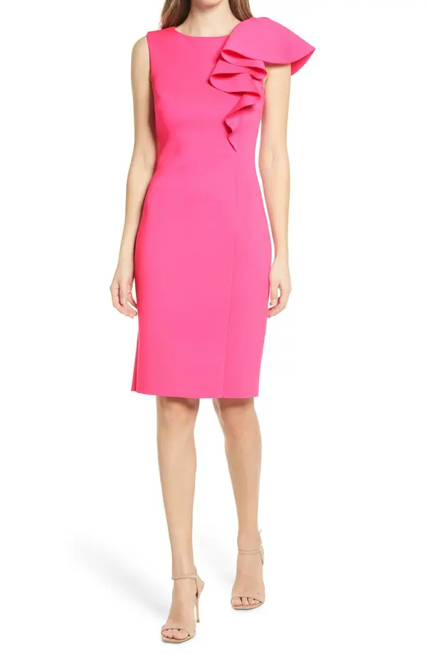 Eliza J Ruffle Scuba Sheath Dress Fuchsia Editorialist