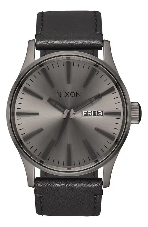 Nixon Sentry Leather Strap Watch - Black/gunmetal