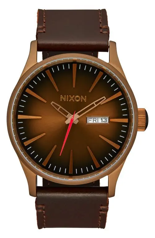 Nixon Sentry Leather Strap Watch - Bronze / Black
