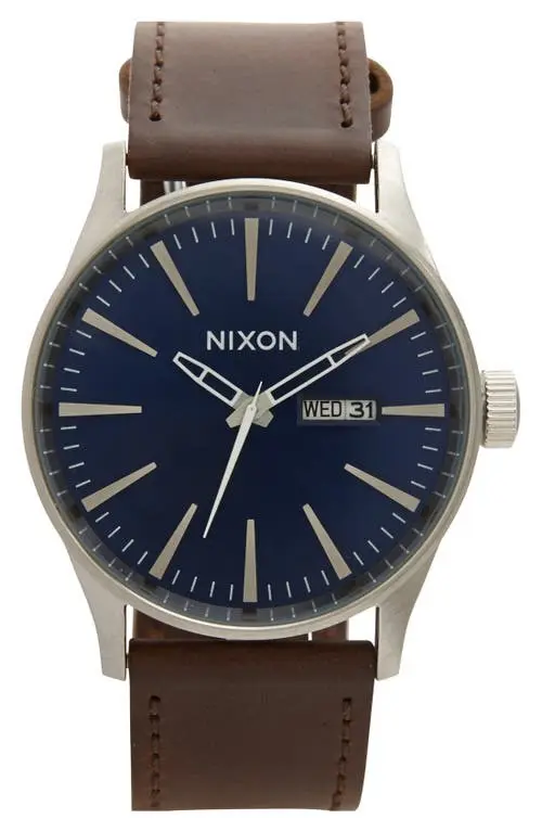 Nixon Sentry Leather Strap Watch - Brown/ Blue