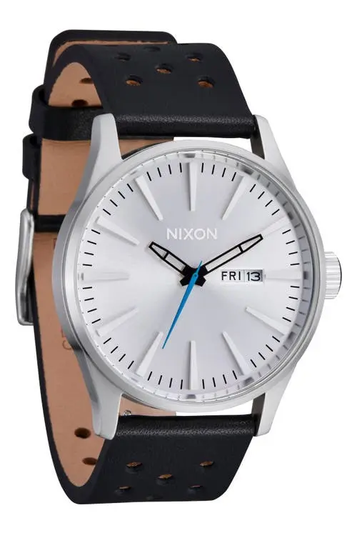 Nixon Sentry Leather Strap Watch - Chrome / Silver Sunray / Black