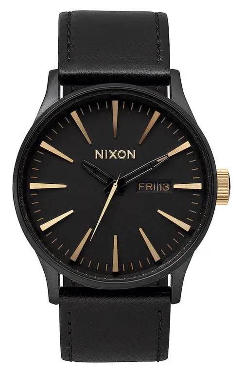 Nixon Sentry Leather Strap Watch - Matte Black/gold