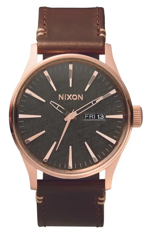 Nixon Sentry Leather Strap Watch - Rose Gold/gunmetal/brown