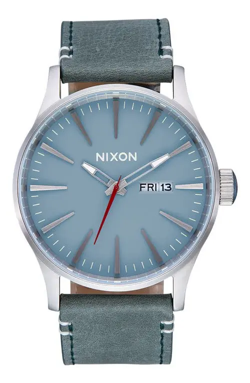 Nixon Sentry Leather Strap Watch - Silver / Blue / Forest