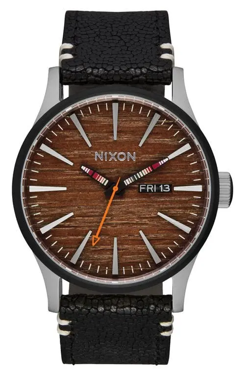 Nixon Sentry Leather Strap Watch - Silver/rosewood/black