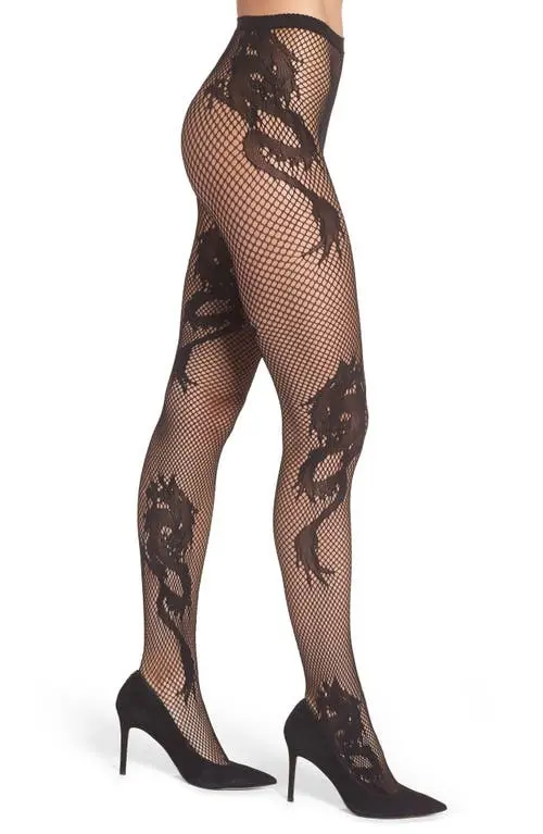 Natori Dragon Toss Net Tights - Black