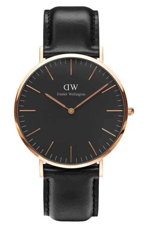 DANIEL WELLINGTON Classic Sheffield Leather Strap Watch - Black/rose Gold
