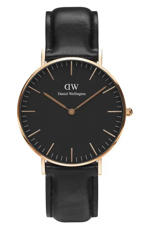 DANIEL WELLINGTON Classic Sheffield Leather Strap Watch - Black/rose Gold