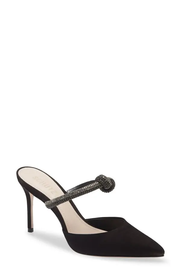 Schutz Pearl Pointed Toe Mule With Crystal Embellishments