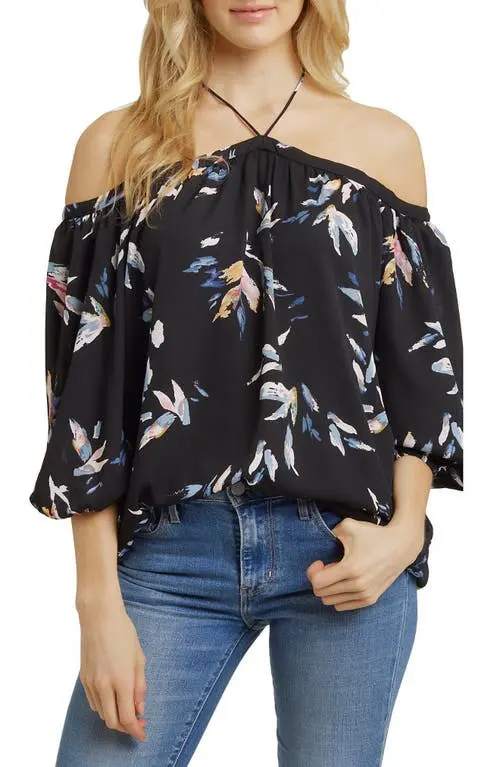 1.State Off-the-shoulder Chiffon Blouse - Painterly Leaves