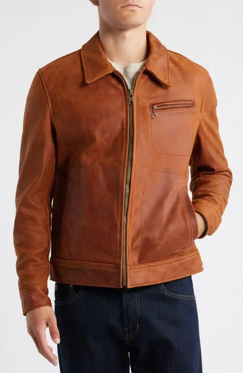 SCHOTT Lightweight Vintage Oil Tanned Cowhide Leather Trucker Jacket - Whiskey