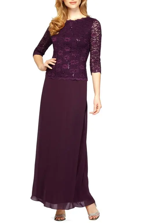 Alex Evenings Sequin Lace & Chiffon Gown - Deep Plum