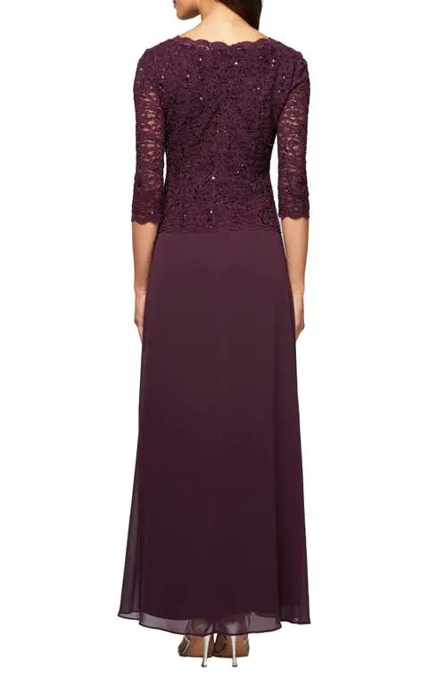Alex Evenings Sequin Lace & Chiffon Gown - Deep Plum