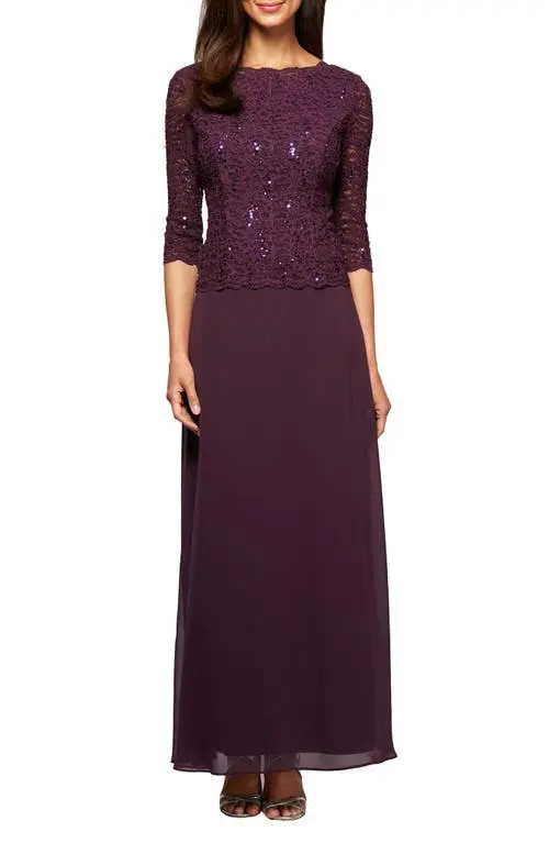 Alex Evenings Sequin Lace & Chiffon Gown - Deep Plum