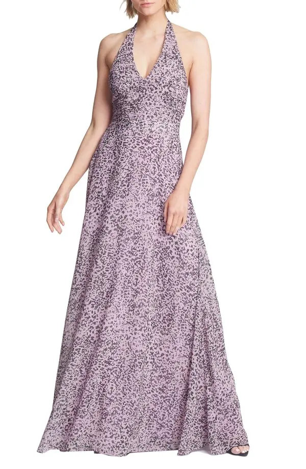 Halston Pleated Halter Gown - Rose Marble Print | Editorialist