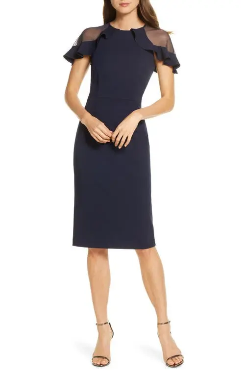Eliza J Sheer Ruffle Shoulder Cocktail Dress