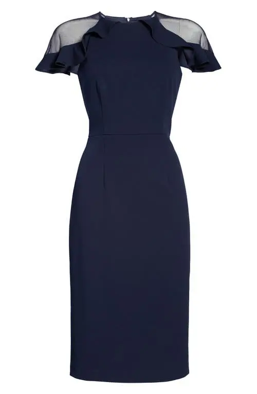 sheer ruffle shoulder cocktail dress Fitted Ruffle Shoulder Sheer Sleeve Midi Dress Lavender Frost / M