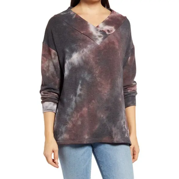 Loveappella Wide Neck Tie Dye Tunic Pullover - Charcoalma