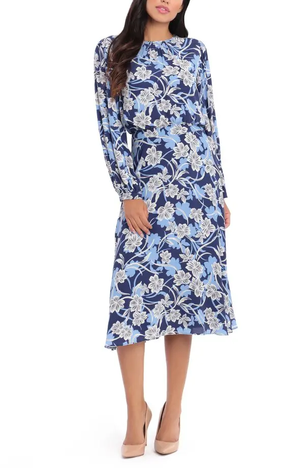 navy blue dress for baby girl Maggy London Floral Print Georgette Boat Neck Ruffle Sleeve Asymmetrical A- Line Midi Dress main image 0