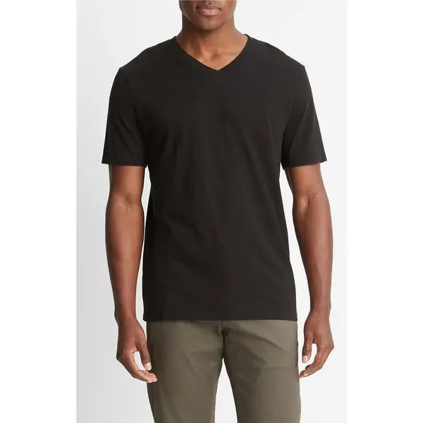 Vince Regular Fit Garment Dyed V-neck T-shirt - True Black