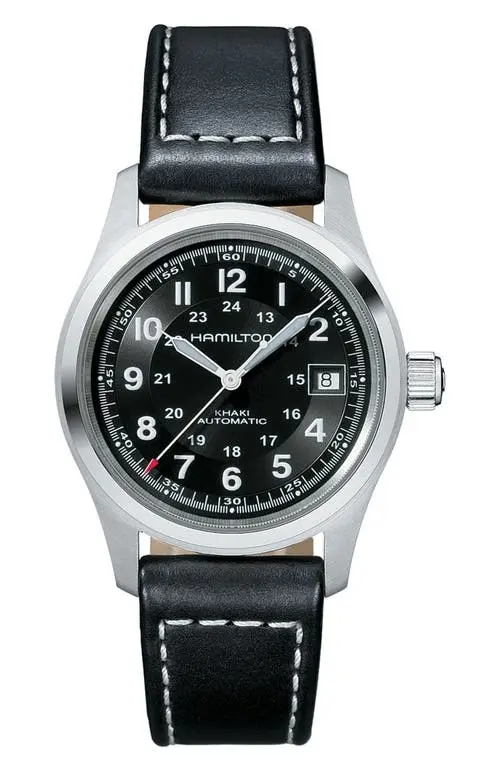 Hamilton Khaki Field Automatic Leather Strap Watch - Black/ Silver