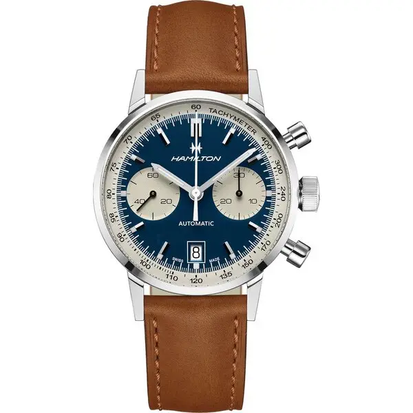 Hamilton American Classic Automatic Chronograph Leather Strap Watch - Brown/ Blue/ Silver