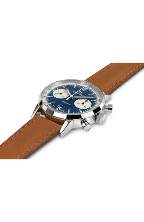 Hamilton American Classic Automatic Chronograph Leather Strap Watch - Brown/ Blue/ Silver