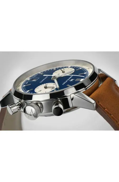 Hamilton American Classic Automatic Chronograph Leather Strap Watch - Brown/ Blue/ Silver