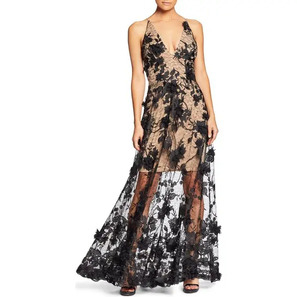 Dress The Population Sidney 3d Lace Gown - Black/nude