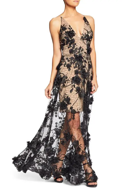 Dress The Population Sidney 3d Lace Gown - Black/nude