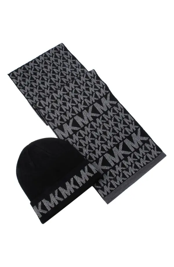 Michael Kors Metallic Logo Beanie & Scarf Set - Black  display picture 1