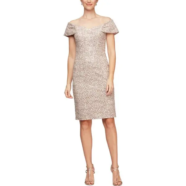 Alex Evenings Off-the-shoulder Corded Embroidered Sheath Dress - Champagne/ivory