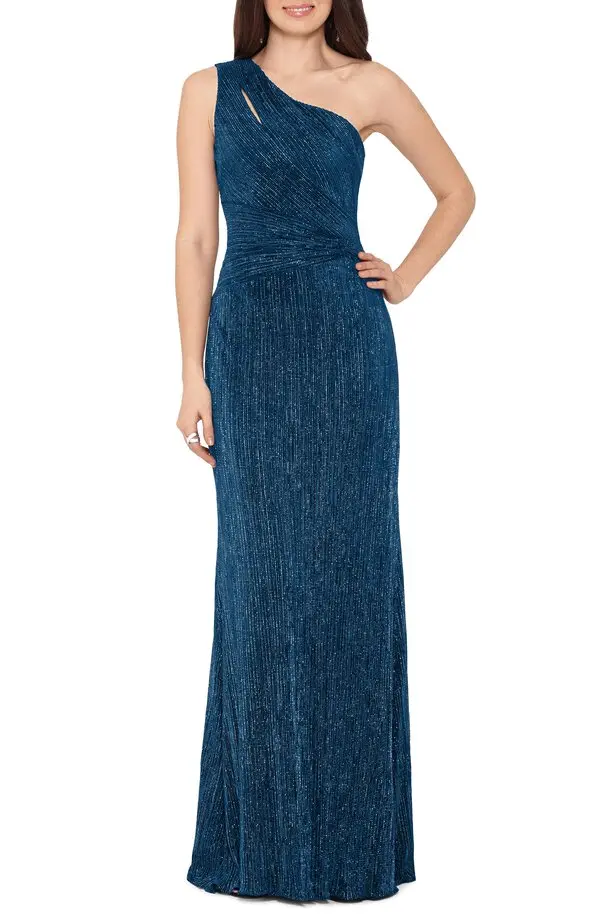 Xscape One Shoulder Glitter Knit Gown In Teal - 70% Off | Editorialist
