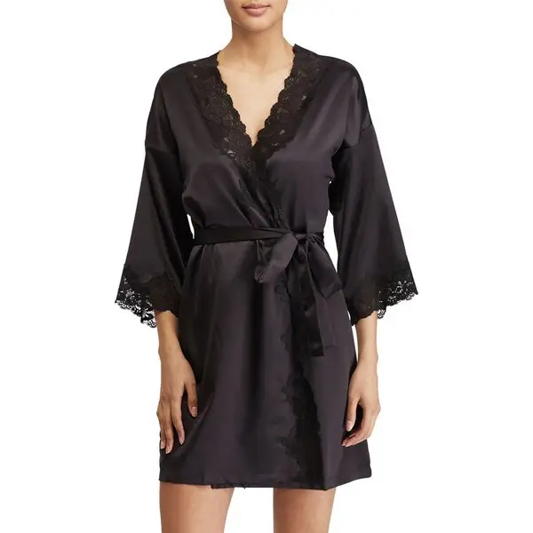 Ralph Lauren Lace Trim Satin Robe - Black