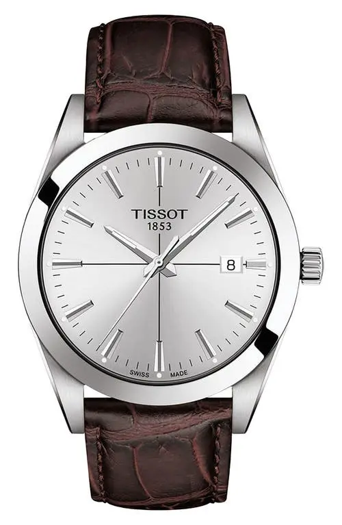 TISSOT Gentleman Leather Strap Watch - Brown/ Silver