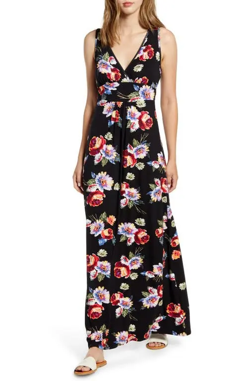 Loveappella Floral Print Maxi Dress - Black/coral
