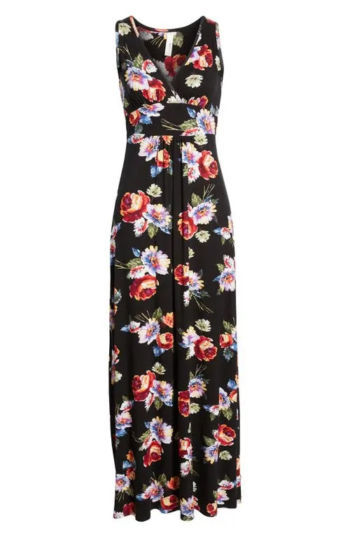 Loveappella Floral Print Maxi Dress - Black/coral