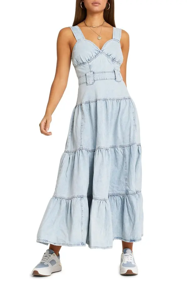 River Island Sleeveless Denim Tiered Ruffle Maxi Dress In Medium Blue - 58%  Off | Editorialist