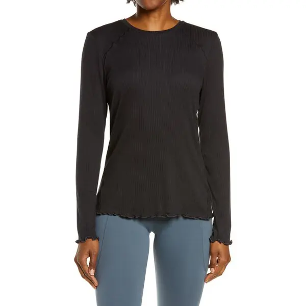 Zella Lettuce Edge Long Sleeve Rib T-shirt - Black