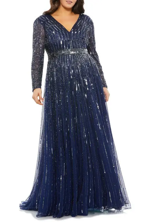 fitted lace wedding dress Mac Duggal Women's Sequined Long Sleeve Side Knot Gown main image 0