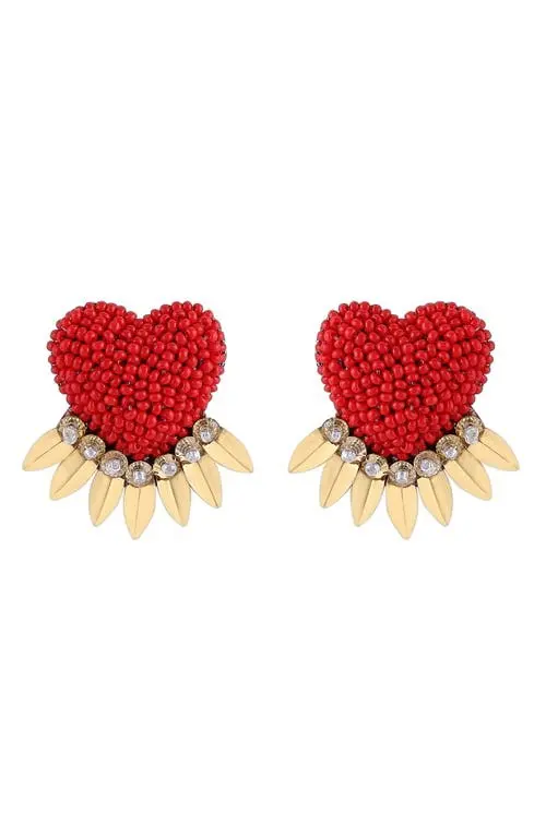 Deepa Gurnani Danika Beaded Fringe Heart Stud Earrings - Red
