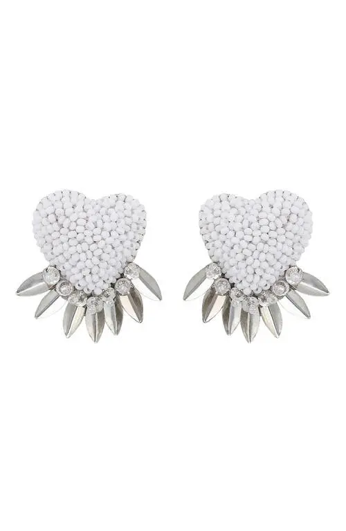 Deepa Gurnani Danika Beaded Fringe Heart Stud Earrings - White