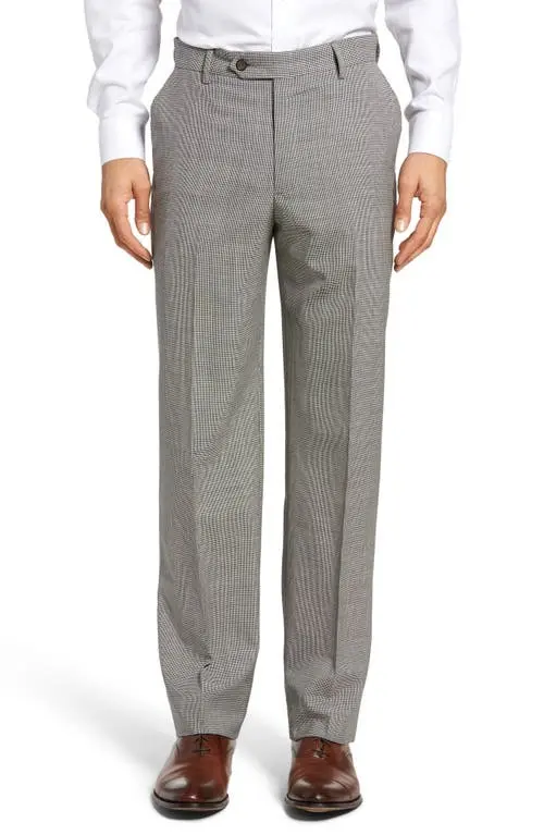 Berle Flat Front Houndstooth Wool Trousers - Charcoal