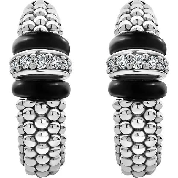 Lagos Caviar Ceramic Diamond Hoop Earrings - Black