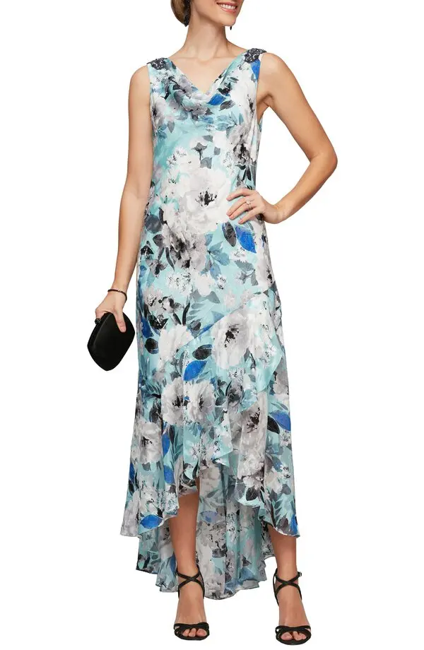 Alex Evenings Floral High/Low Chiffon Dress - Ivory Seafoam | Editorialist