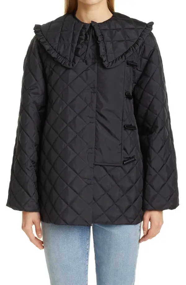 GANNI Quilted Recycled Ripstop Jacket With Removable Ruffle Collar