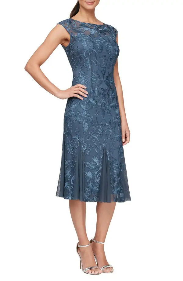 Alex Evenings Brocade Fit & Flare Midi Cocktail Dress In Vintage Blue - 58%  Off | Editorialist