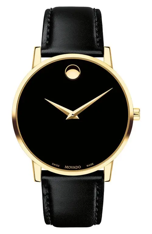 Movado Leather Strap Watch - Black Dial